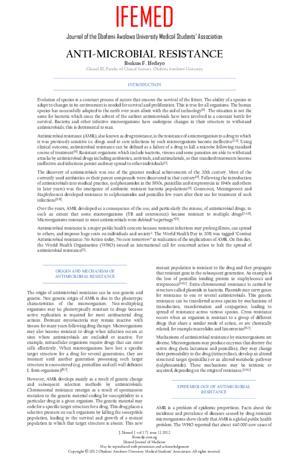 (PDF) ANTI-MICROBIAL RESISTANCE | Ifemed Journal - Academia.edu