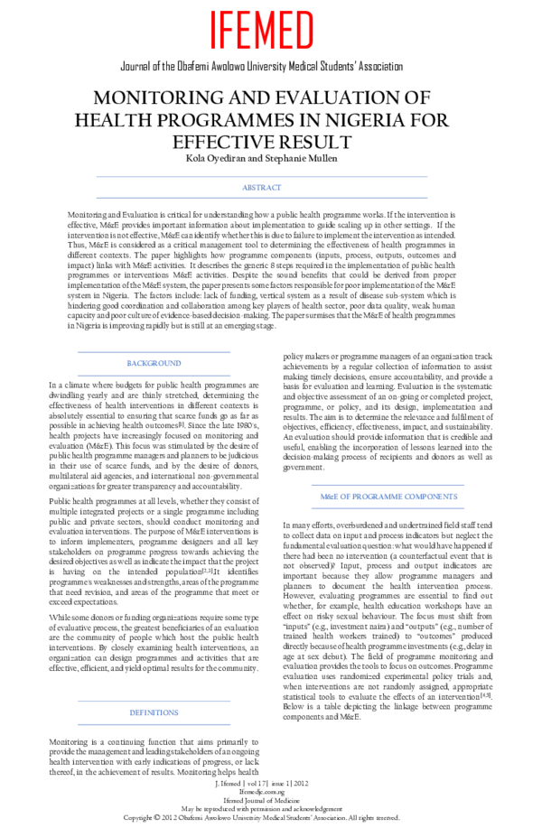 (PDF) MONITORING AND EVALUATION OF HEALTH PROGRAMMES IN NIGERIA FOR ...