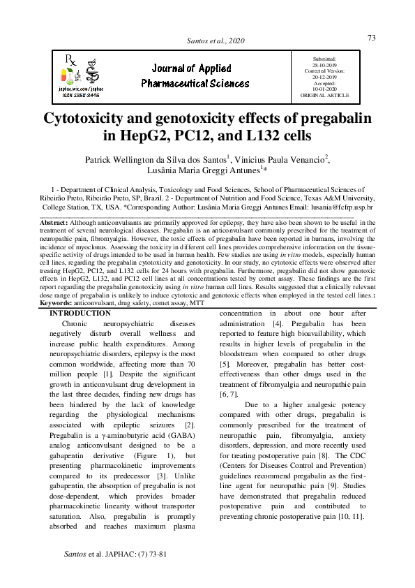 (PDF) Cytotoxicity and genotoxicity effects of pregabalin in HepG2 ...