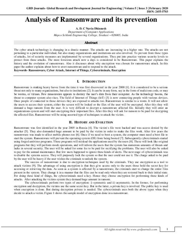 (PDF) Analysis of Ransomware and its prevention