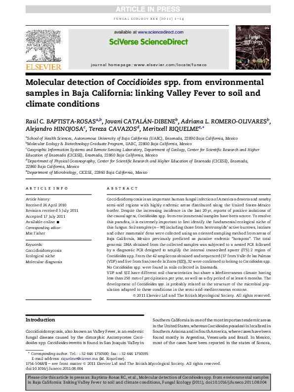 (PDF) Molecular detection of Coccidioides spp. from environmental ...