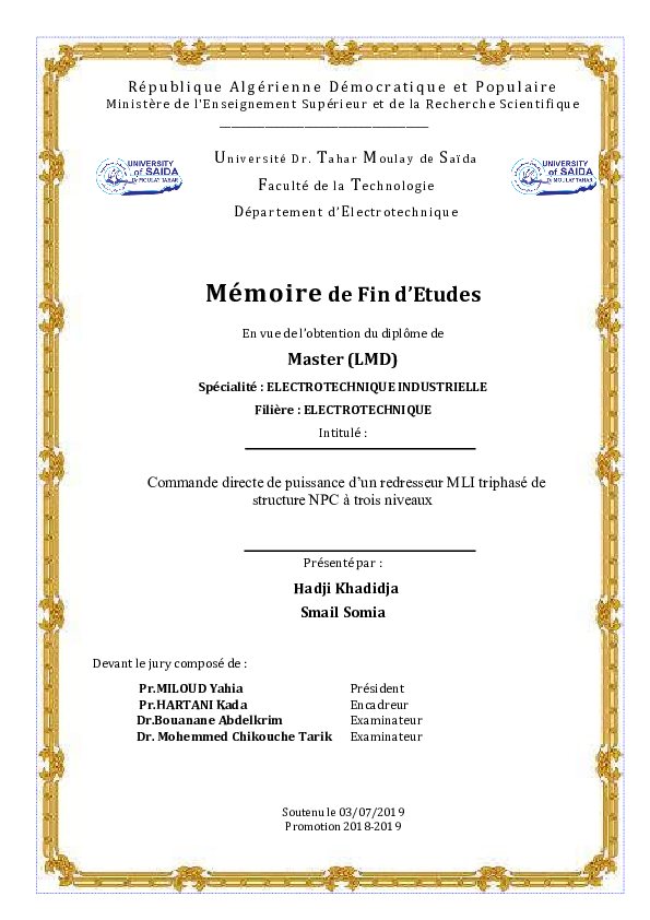 (PDF) Mémoire de Fin d'Etudes Commande directe de puissance d'un ...