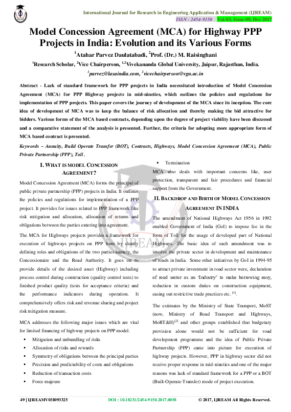 (PDF) Model Concession Agreement (MCA) for Highway PPP Projects in ...