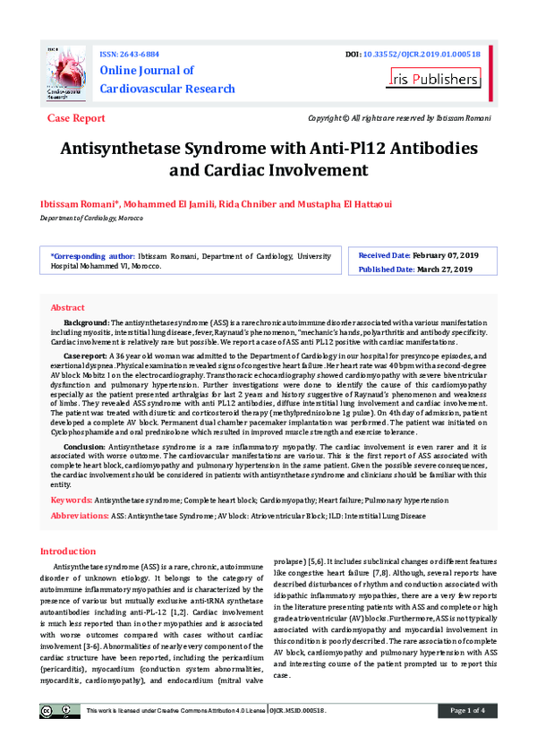 (PDF) Antisynthetase Syndrome with Anti-Pl12 Antibodies and Cardiac ...