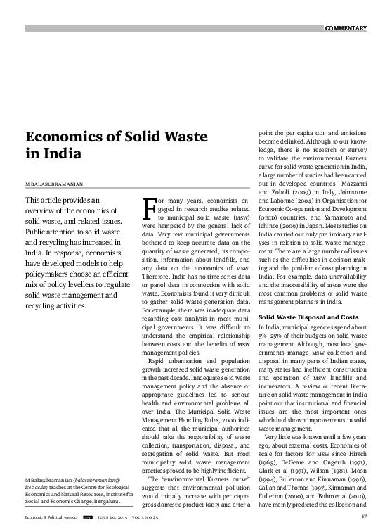 (PDF) Economics of Solid Waste in India