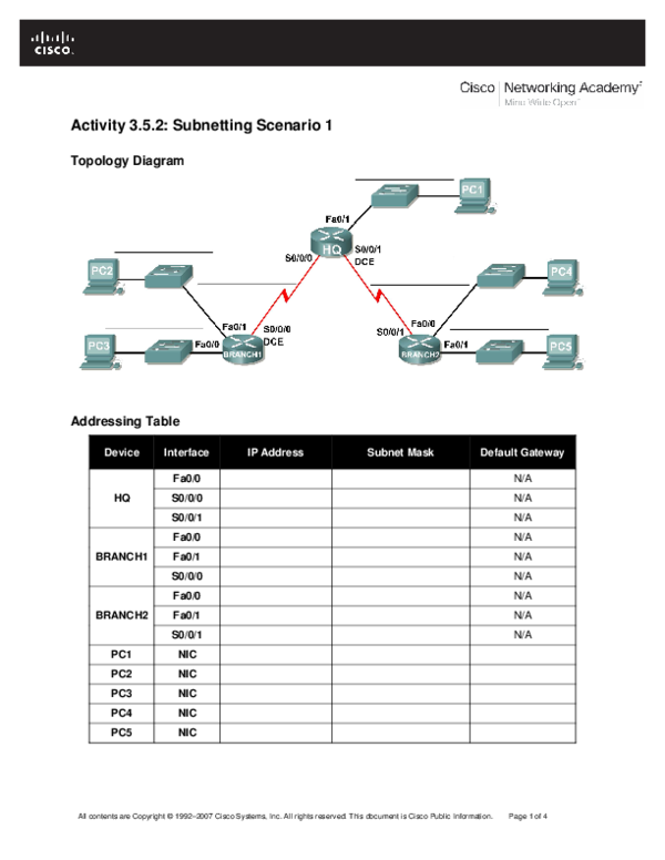 Pdf Activity 3 5 2 Subnetting Scenario 1 Top