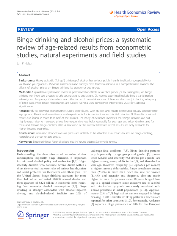 (PDF) Binge drinking and alcohol prices: a systematic review of age ...