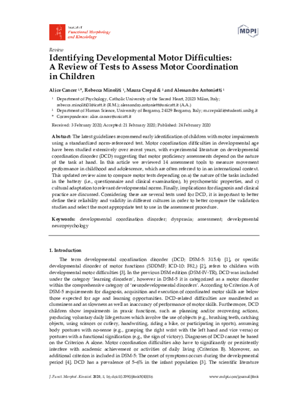 (PDF) Identifying Developmental Motor Difficulties: A Review of Tests ...