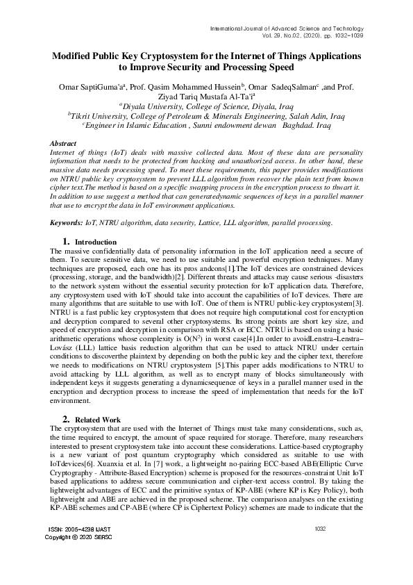 (PDF) Modified Public Key Cryptosystem for the Internet of Things Applications to Improve ...