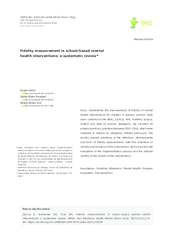 (PDF) Fidelity measurement in school-based mental health interventions ...