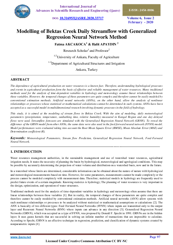 (PDF) Modelling of Bektas Creek Daily Streamflow with Generalized Regression Neural Network Method