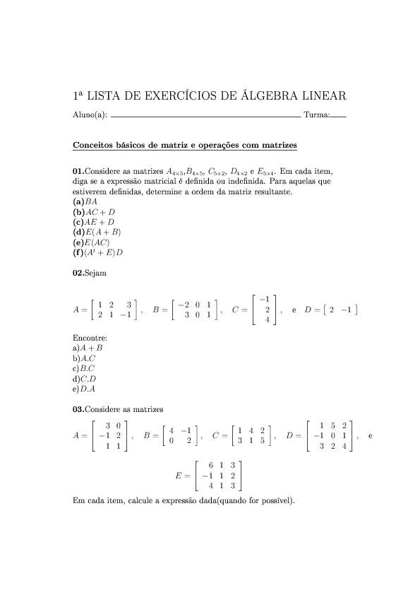 A Lista De ExercÍcios De Álgebra Linear