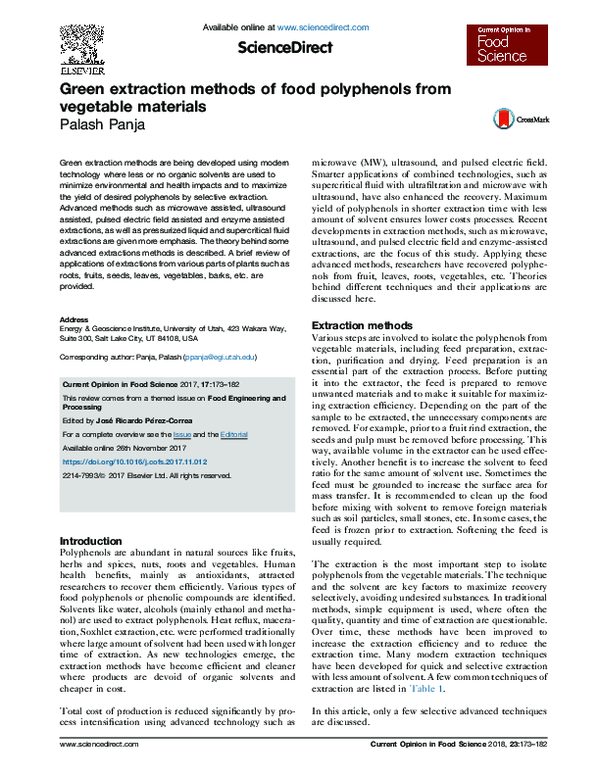 Pdf Green Extraction Methods Of Food Polyphenols From Vegetable Materials