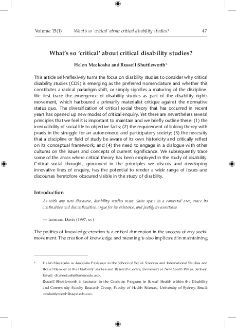 (PDF) What's so 'critical' about critical disability studies