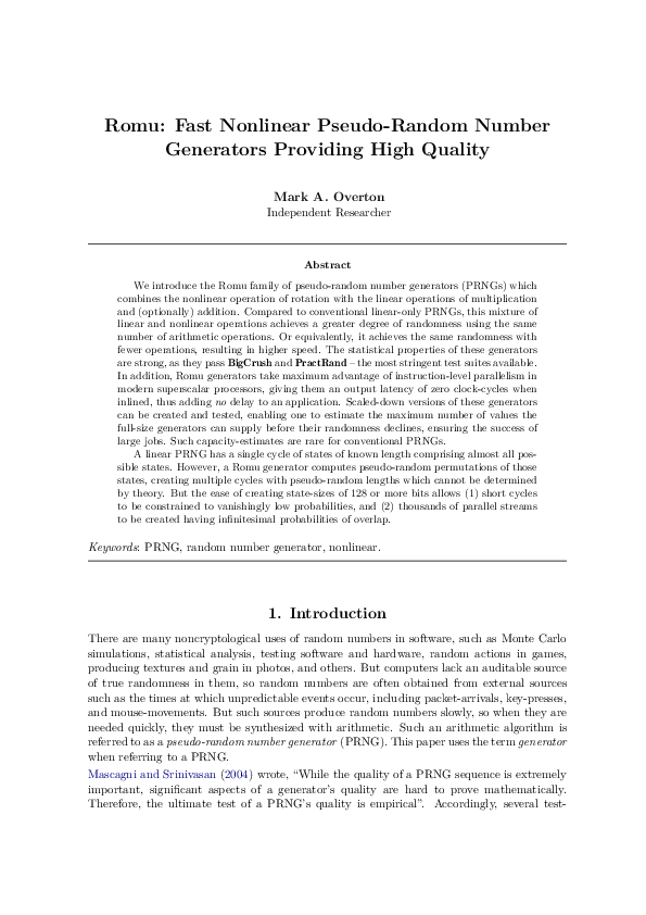 (PDF) Romu: Fast Nonlinear Pseudo-Random Number Generators Providing High Quality