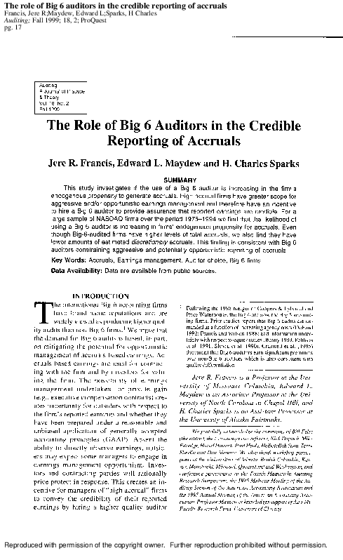 (PDF) The role of Big 6 auditors in the credible reporting of accruals