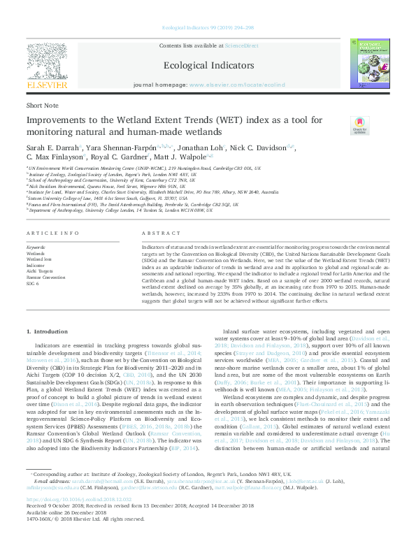 (PDF) Improvements to the Wetland Extent Trends (WET) index as a tool ...