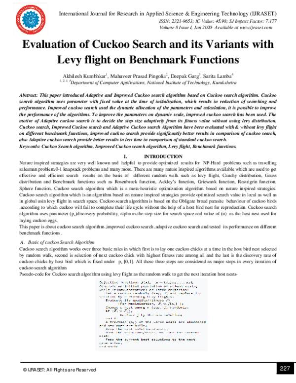 (PDF) Evaluation of Cuckoo Search and its Variants with Levy flight on Benchmark Functions