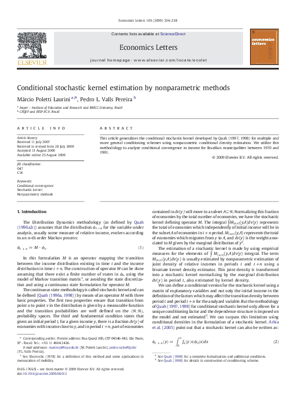 (PDF) Conditional stochastic kernel estimation by nonparametric methods