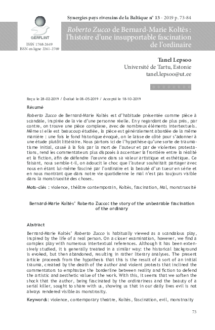 (PDF) Roberto Zucco de Bernard-Marie Koltès : l’histoire d’une insupportable fascination de l ...