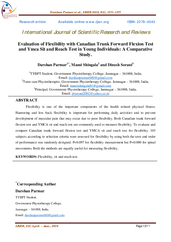 (PDF) Evaluation of Flexibility with Canadian Trunk Forward Flexion ...