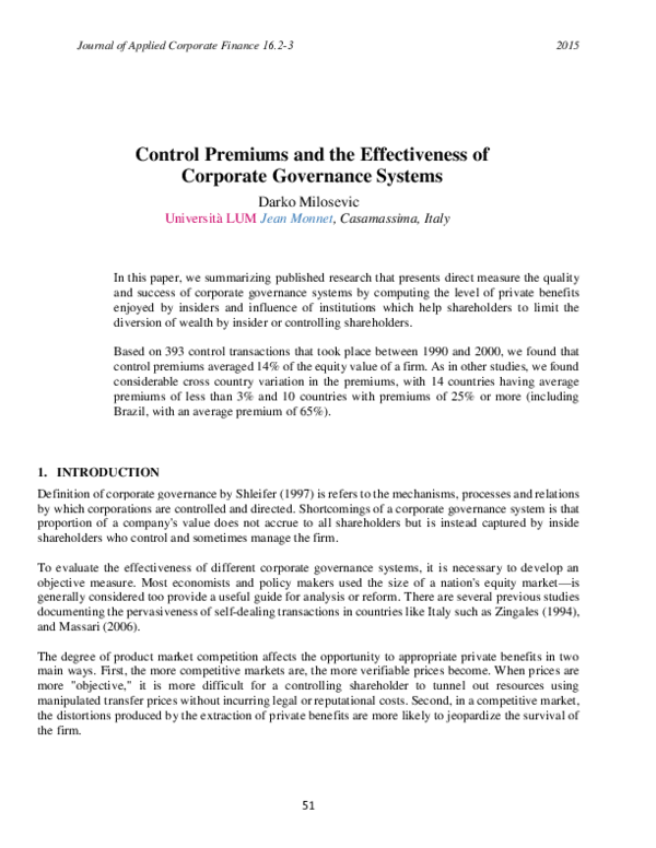 (PDF) Control Premiums and the Effectiveness of Corporate Governance ...