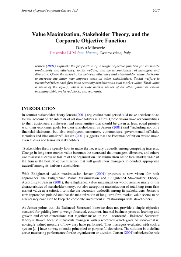 (PDF) Value Maximization, Stakeholder Theory, and the Corporate ...