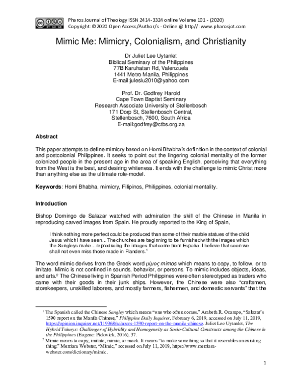 (PDF) Mimic Me: Mimicry, Colonialism, and Christianity