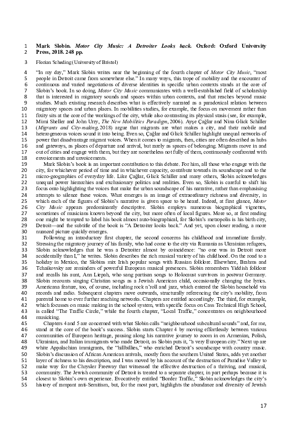 (PDF) Book Review: Mark Slobin, Motor City Music: A Detroiter Looks back