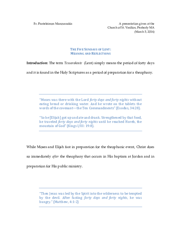 (PDF) The Five Sundays of Lent: Meaning and Reflections