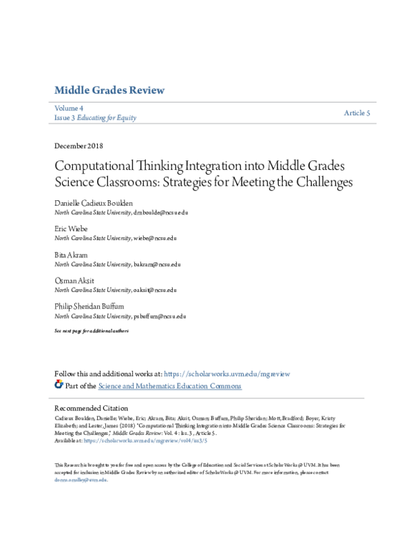 Pdf Computational Thinking Integration Into Middle Grades Science Classrooms Strategies For