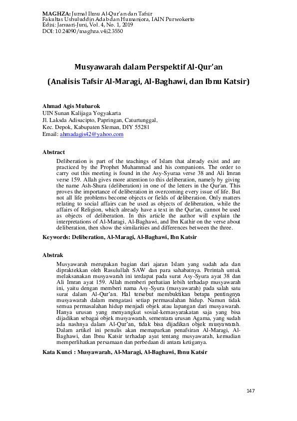 (PDF) MUSYAWARAH DALAM PERSPEKTIF AL-QUR'AN (Analisis Tafsir Al-Maragi, Al-Baghawi, dan Ibnu Katsir)