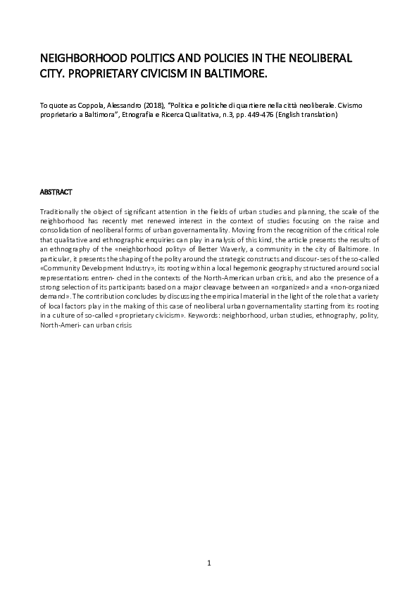 (PDF) NEIGHBORHOOD POLITICS AND POLICIES IN THE NEOLIBERAL CITY ...