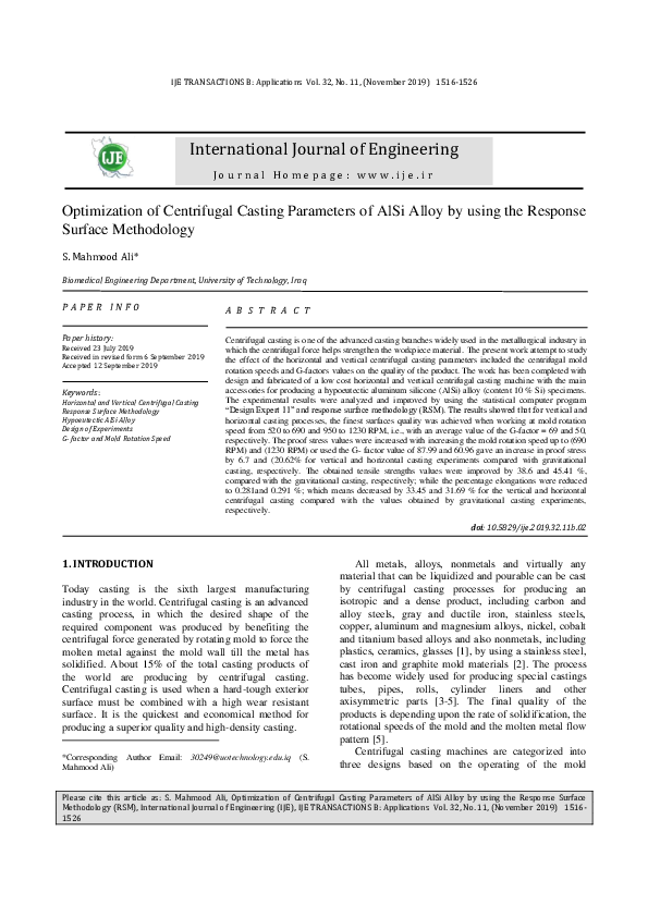 Pdf Optimization Of Centrifugal Casting Parameters Of Alsi Alloy By
