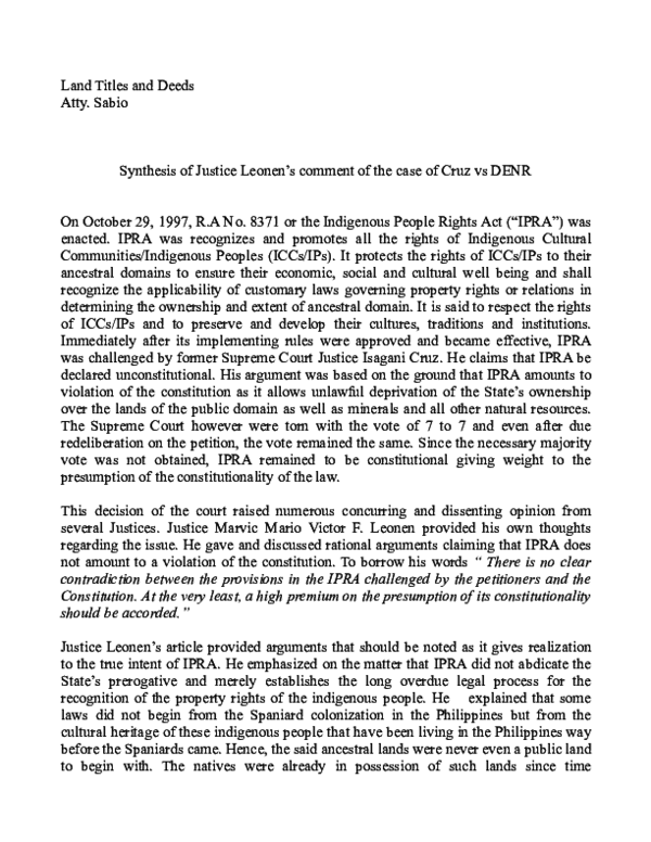 (PDF) Land Titles and Deeds Justice Leonen's Synthesis on IPRA Atty. Sabio