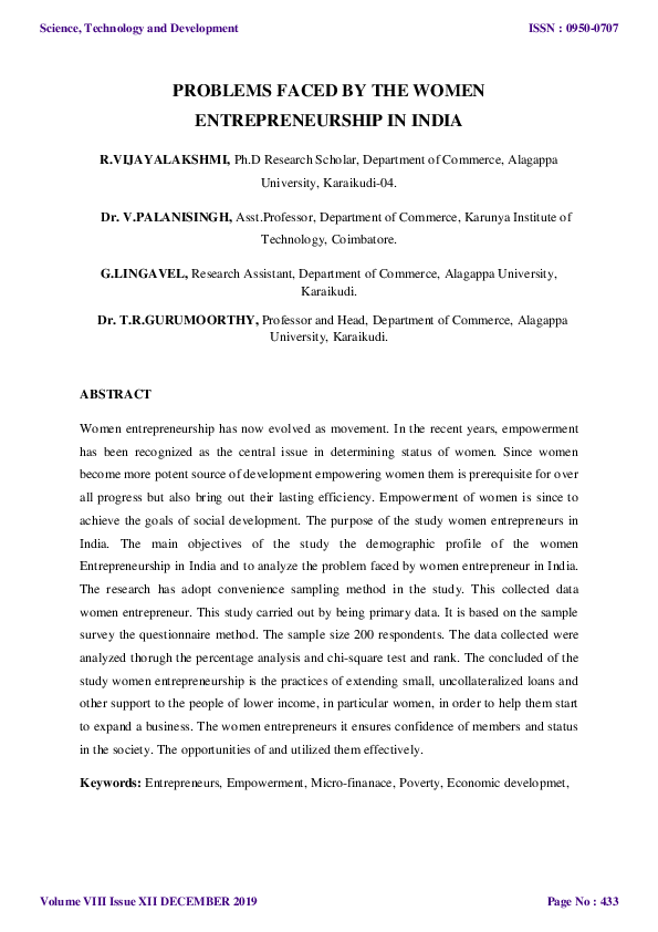 (PDF) PROBLEMS FACED BY THE WOMEN ENTREPRENEURSHIP IN INDIA