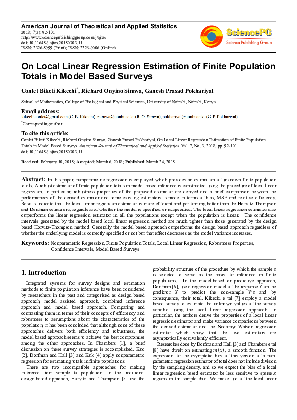 Pdf On Local Linear Regression Estimation Of Finite Population Totals