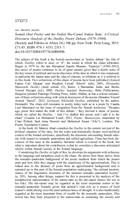 (PDF) ALI MUMIN AHAD, Somali Oral Poetry and the Failed She-camel ...