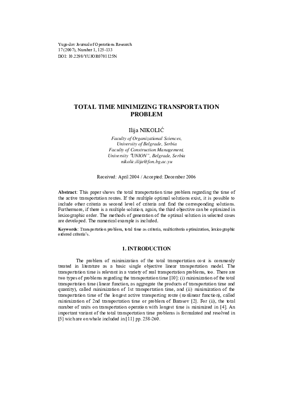 (PDF) Total Time Minimizing Transportation Problem (the author's original problem setting and ...