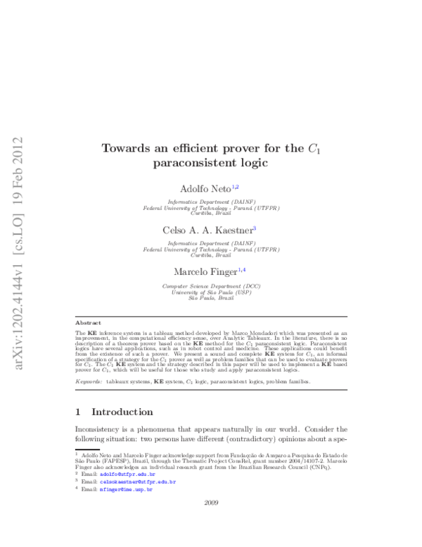 Pdf Towards An Efficient Prover For The C1 Paraconsistent Logic