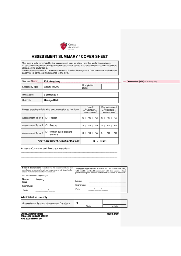 (DOC) ASSESSMENT SUMMARY / COVER SHEET