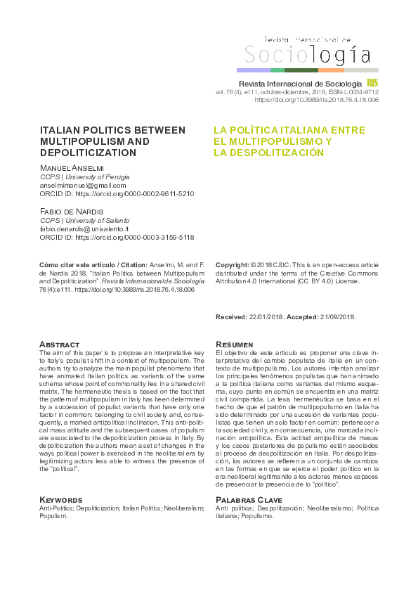 (PDF) Italian Politics between Multipopulism and Depoliticization
