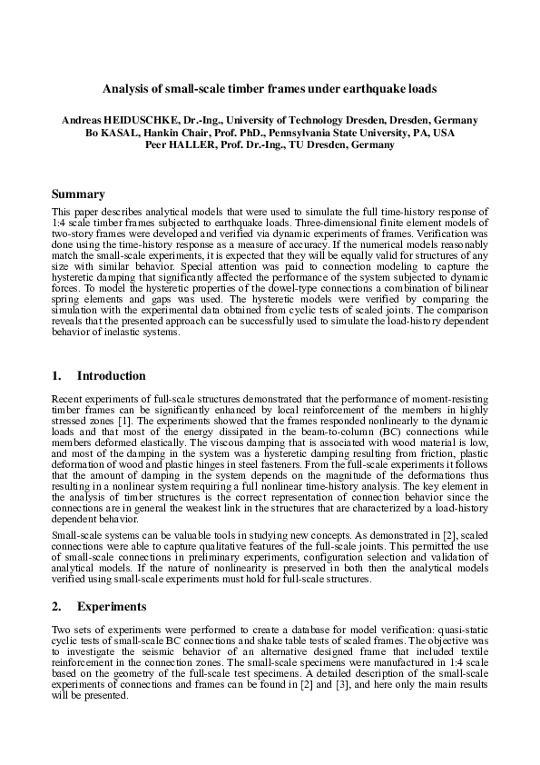(PDF) Analysis of small-scale timber frames under earthquake loads