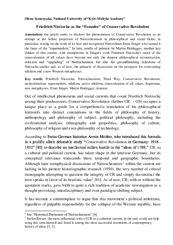 (PDF) Friedrich Nietzsche as the "Founder" of Conservative Revolution ...
