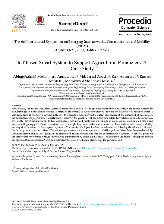 (PDF) IoT based Smart System to Support Agricultural Parameters: A Case ...