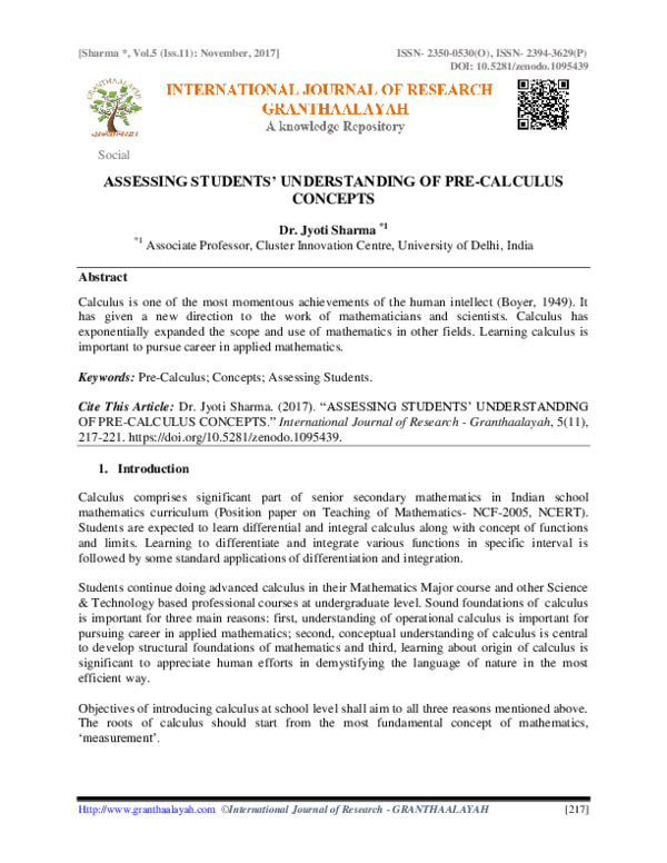 (PDF) ASSESSING STUDENTS' UNDERSTANDING OF PRE-CALCULUS CONCEPTS