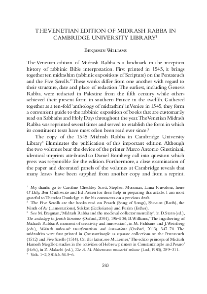 (PDF) The Venetian Edition of Midrash Rabba in Cambridge University Library