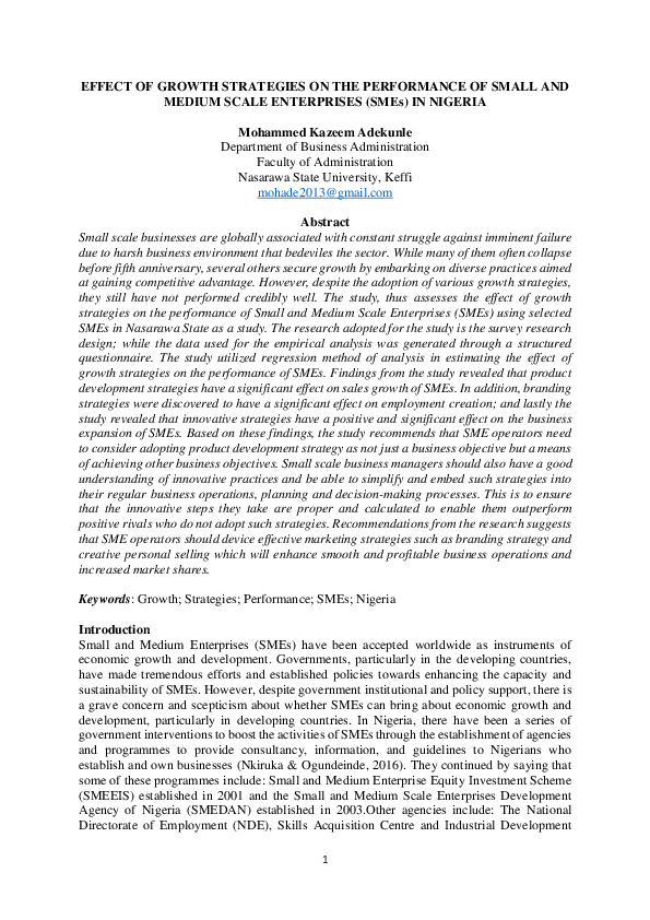 (DOC) EFFECT OF GROWTH STRATEGIES ON THE PERFORMANCE OF SMALL AND MEDIUM SCALE ENTERPRISES (SMEs ...