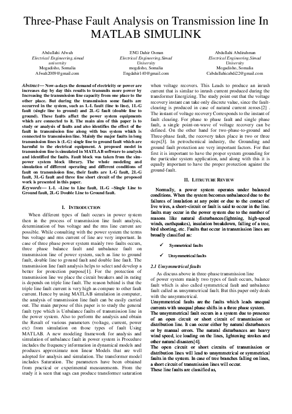 Pdf Three Phase Fault Analysis On Transmission Line In Matlab Simulink