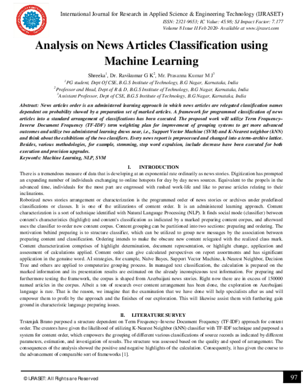 (PDF) Analysis on News Articles Classification using Machine Learning